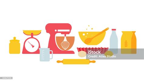 부엌 도구 주방 용품 컵 그릇 롤링 핀 비늘 항아리 믹서 및 기타 밀가루 우유 계란 반죽 베이킹 제품 세트 현대 일러스트 파스텔 색상 반죽 주식에 대한 스톡 벡터 아트 및