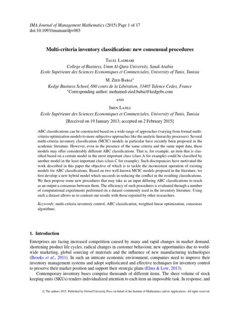 Multi Criteria Inventory Classification New Consensual Procedures Pdf