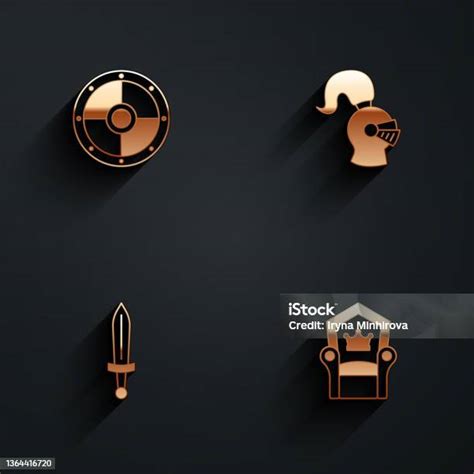 둥근 방패 중세 헬멧 칼과 긴 그림자와 왕좌 아이콘을 설정합니다 벡터 가구에 대한 스톡 벡터 아트 및 기타 이미지 가구 강철 고대의 Istock