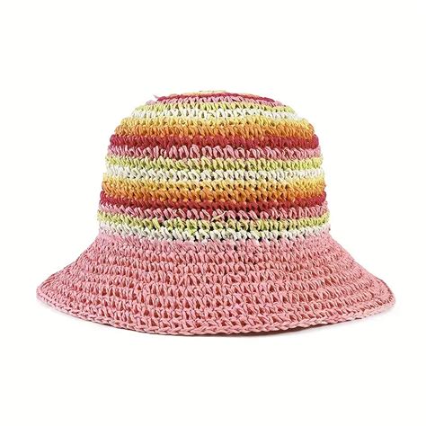 Плетена на една кука дишаща шапка с кофа с цветни блокове и широки ивици Слънцезащитни сламени