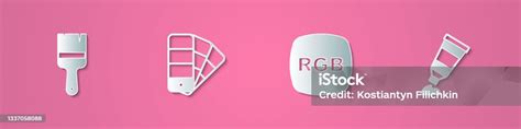 페인트 아이콘이 있는 종이 컷 페인트 브러시 컬러 팔레트 가이드 Rgb 및 튜브를 설정합니다 종이 아트 스타일 벡터 3차원 형태에 대한 스톡 벡터 아트 및 기타 이미지