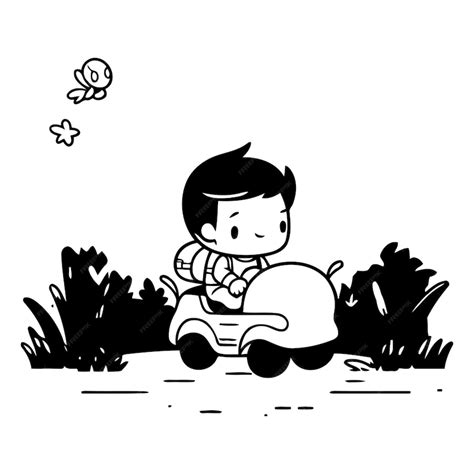 공원에서 차를 운전하는 소년 귀여운 만화 터 일러스트레이션 프리미엄 벡터