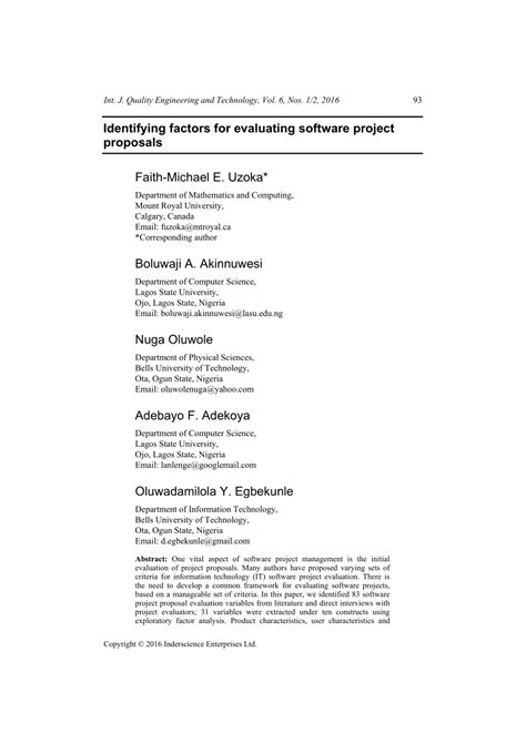 Pdf Identifying Factors For Evaluating Software Project Proposals
