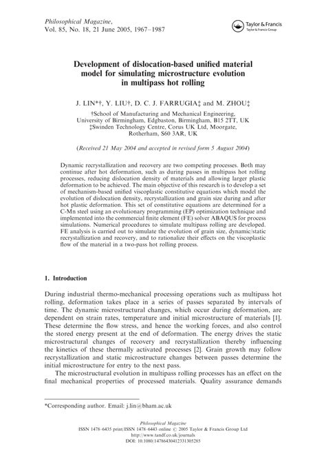 Pdf Development Of Dislocation Based Unified Material Model For Simulating Microstructure