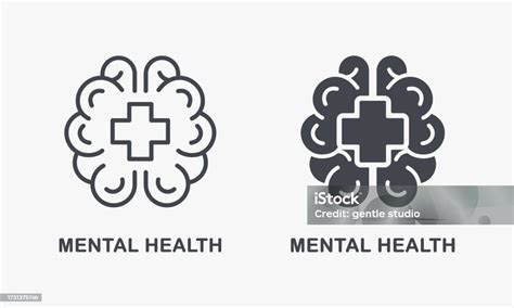 십자가 모양 정신 건강 실루엣 및 선 아이콘 세트가 있는 인간의 두뇌 심리적 장애가 있는 인간을 위한 의료 지원 정서적 지원 기호 모음입니다 격리된 벡터 그림 감정에 대한