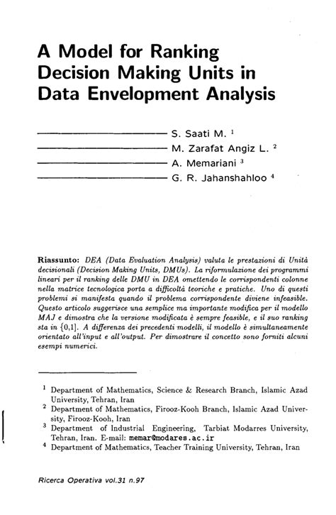 Pdf A Model For Ranking Decision Making Units In Dea