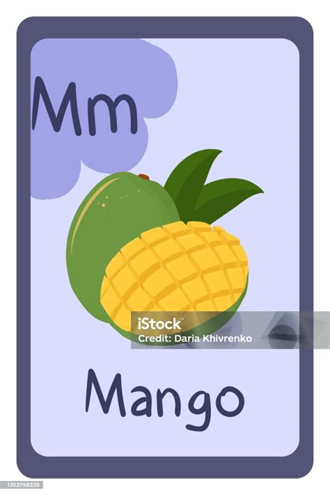 화려한 Abc 교육 플래시 카드 편지 M 망고 음식 과일 및 채소와 알파벳 벡터 그림 학교 공부 학습 개념 개념에 대한 스톡