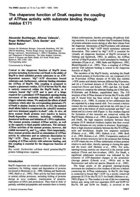 Pdf The Chaperone Function Of Dnak Requires The Coupling Of Atpase