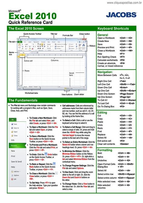 Clique Apostilas Excel 2010 Quick Reference Card