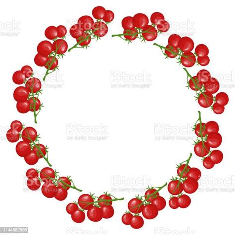 텍스트에 대 한 공간을 가진 토마토에서 화 환 원시 잘 익은 빨간 체리 토마토 분기 야채 흰색 배경에 고립 유기농 식품 만화 스타일입니다 디자인에 대 한 벡터 일러스트 레이