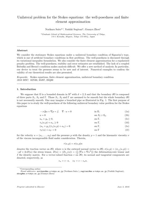 Pdf Unilateral Problem For The Stokes Equations The Well Posedness And Finite Element
