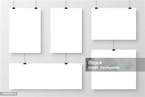 바인더 클립에 걸려 있는 사실적인 빈 용지 시트 A4 형식의 그림자가 있는 흰색 포스터 디자인 템플릿 모형 벡터 일러스트레이션 0명에 대한 스톡 벡터 아트 및 기타 이미지