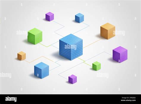 Multicolored Blockchain Cubes Linked By Electronic Lines And Binary