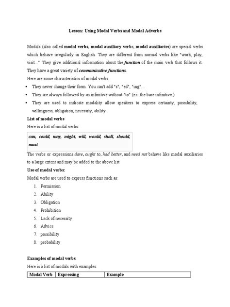 Using Modals And Modal Adverbs Pdf Adverb Semantics