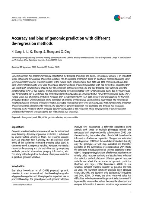 Pdf Accuracy And Bias Of Genomic Prediction With Different De Regression Methods