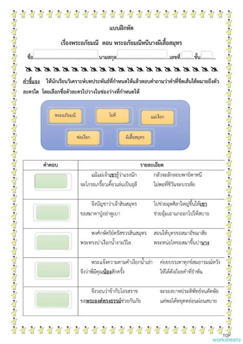 แบบฝึกหัด เรื่องพระอภัยมณี ตอนพระอภัยมณีหนีนางผีเสื้อสมุทร ใบงานเชิงโต้ตอบ Topworksheets