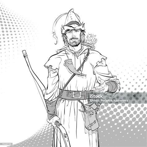 깃털모자를 쓴 로빈 후드 약한 수비수 중세 전설 중세 전설의 영웅 하프 톤 배경입니다 남자에 대한 스톡 벡터 아트 및 기타 이미지 Istock