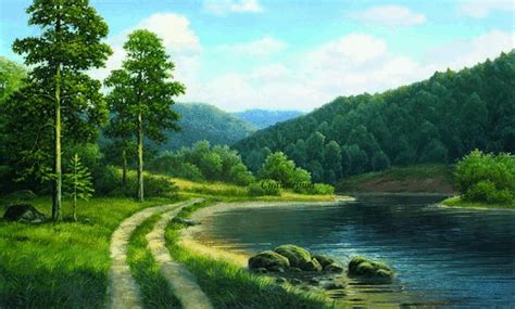 Гиф анимация По берегам реки расположен лес на фоне голубое небо и облака