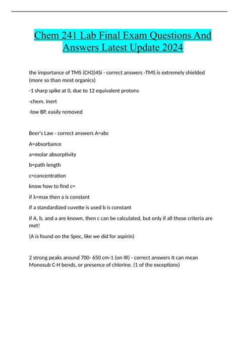 Chem 241 Lab Final Exam Questions And Answers Latest Update 2024 Chem