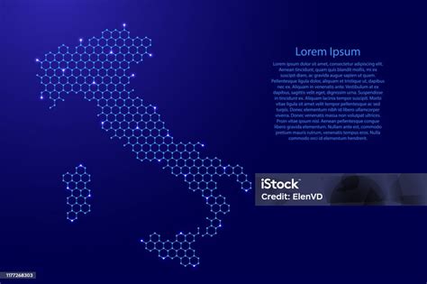 미래 육각 형 모양 선 노드의 파란색과 빛나는 별 배너 포스터 인사말 카드에 대한 벌집 또는 분자 구조의 형태로 이탈리아지도 벡터 그림입니다 0명에 대한 스톡 벡터 아트 및