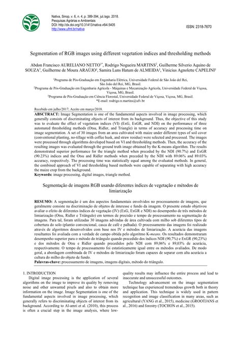 Pdf Segmentation Of Rgb Images Using Different Vegetation Indices And Thresholding Methods