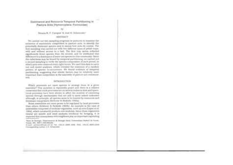 Pdf Dominance And Resource Temporal Partitioning In Pasture Ants