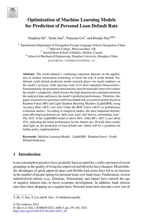 Pdf Optimization Of Machine Learning Models For Prediction Of Personal Loan Default Rate
