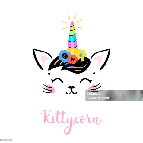 어린이 디자인에 대한 꽃 화환 벡터 귀여운 유니콘 고양이 머리 매직 캐티콘 또는 키티콘 보육 포스터입니다 꽃 유니콘 뿔과 재미