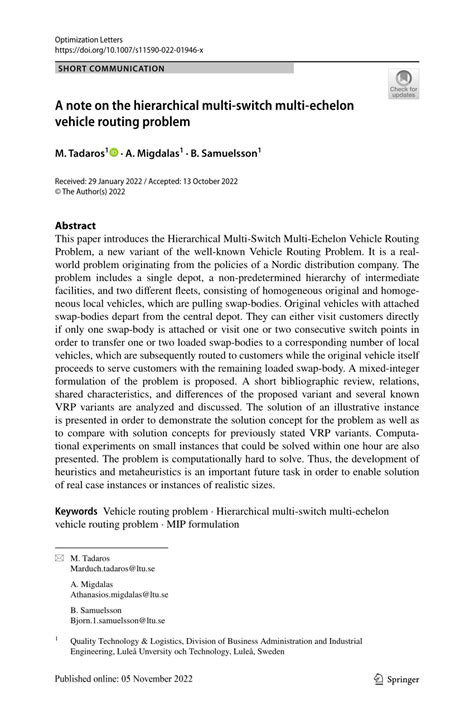 Pdf A Note On The Hierarchical Multi Switch Multi Echelon Vehicle
