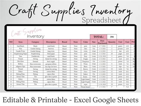 Craft Supplies Inventory Tracker Excel Spreadsheet Crafts Organization