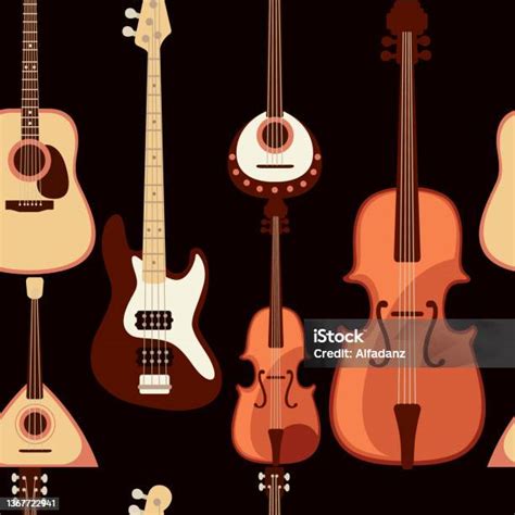 클래식 악기 컬렉션 만화 디자인 벡터 일러스트의 원활한 패턴 0명에 대한 스톡 벡터 아트 및 기타 이미지 0명 기타 현악기 모던 양식 Istock