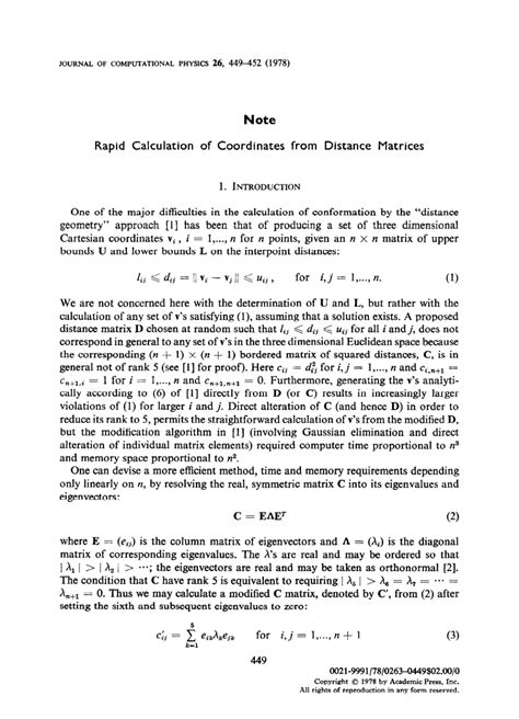 Pdf Rapid Calculation Of Coordinates From Distance Matrices