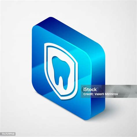 아이소메트릭 치과 보호 아이콘 흰색 배경에 고립입니다 방패 로고 아이콘에 치아 파란색 사각형 버튼을 클릭 합니다 벡터 일러스트 개념에 대한 스톡 벡터 아트 및 기타 이미지