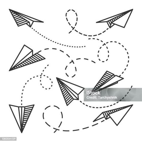다양한 손으로 그린 종이 비행기 점선 이점 선이 있는 검은 낙서 비행기 항공기 아이콘 심플한 흑백 평면 실루엣 윤곽 라인 아트 벡터 일러스트레이션 개념에 대한 스톡 벡터