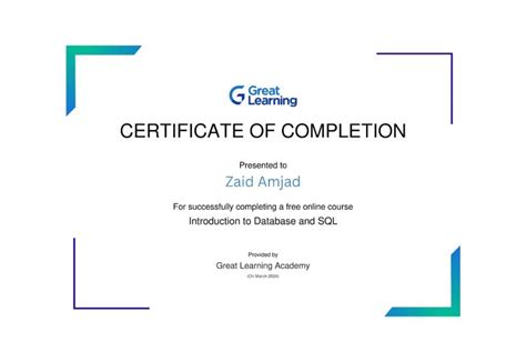 Completed Database And Sql Course By Great Learning Muhammad Zaid
