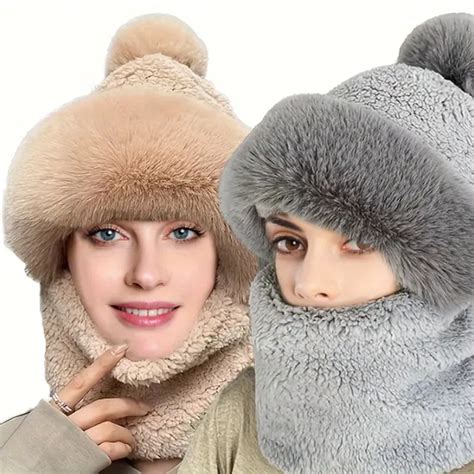 목 보호 얼굴 커버 폼폼이 있는 두꺼운 플러시 열 프레피 비니 모자 신축성 있고 부드럽고 편안한 가 Temu Republic