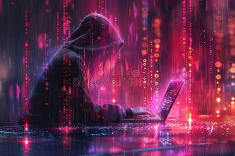 Hacker In A Hood Using A Laptop Coding And Data On A Code Background