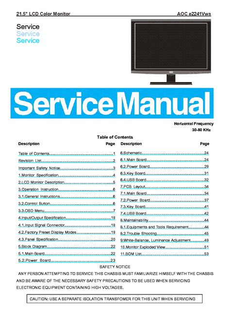 AOC E2241VWA LCD MONITOR Service Manual Download Schematics Eeprom Repair Info For