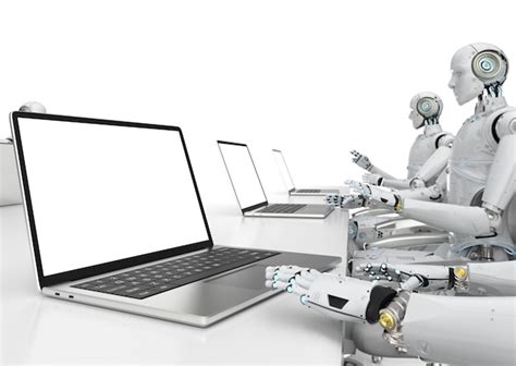 Premium Photo 3d Rendering Robot Working On Empty Screen Notebook Computer