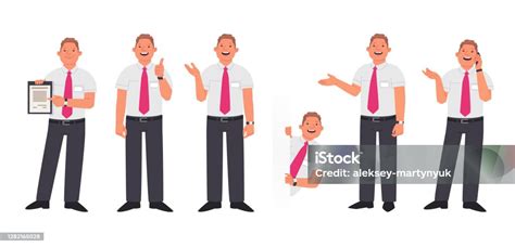 다양한 작업에서 캐릭터의 관리자 또는 회사의 직원의 집합 미소를 짓는 남자가 계약을 보여줍니다 전화에 대한 스톡 벡터 아트 및 기타 이미지 Istock