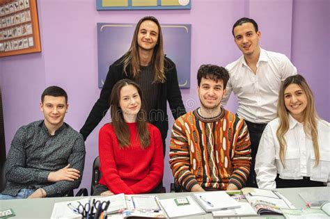Group Of Happy Students At Language School Class Stock Image Image Of