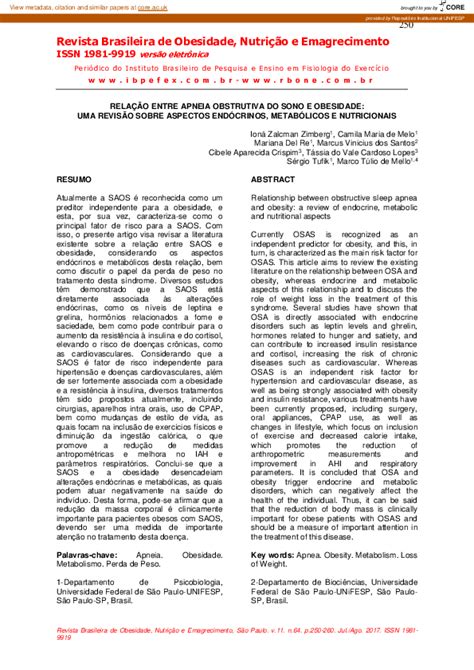 Pdf Relationship Between Obstructive Sleep Apnea And Obesity A Review Of Endocrine Metabolic