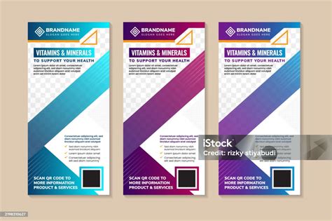 헤드라인이 있는 추상 디자인 롤업 배너 템플릿 모음은 건강을 지원하는 비타민과 미네랄입니다 흰색 배경에 사진 콜라주를 위한 공간이 있는 수직 레이아웃 0명에 대한 스톡 벡터