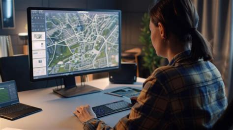 Woman Analyzing Geographic Data On Large Desktop Monitor Premium Ai Generated Image