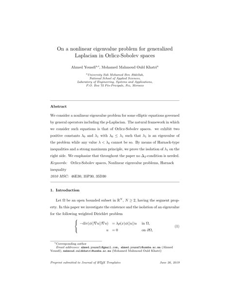 PDF On A Nonlinear Eigenvalue Problem For Generalized Laplacian In Orlicz Sobolev Spaces