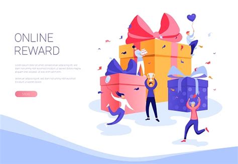 온라인 보상 상품 행복한 사람들의 그룹은 선물 상자를받을 수 있습니다 디지털 추천 프로그램 에 사용할 수 있습니다 방문 페이지 템플릿 Ui 웹 홈페이지 포스터 배너 전단지