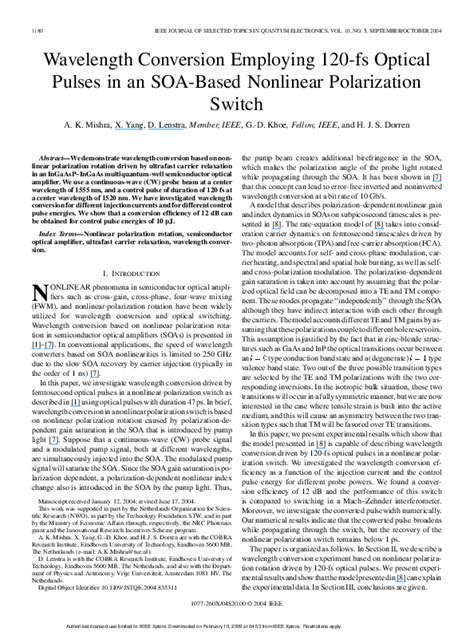 Pdf Wavelength Conversion Using 120 Fs Pulses In Soa Nonlinear Switch