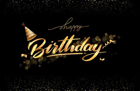 인사말 카드 및 초대장에 대 한 생일 타이포 그래피 디자인 풍선 색종이 및 선물 상자 금과 검은 색으로 우아한 디자인 생일 축