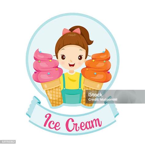 สาวที่มีโลโก้ไอศครีมและป้ายชื่อ ภาพประกอบสต็อก ดาวน์โหลดรูปภาพตอนนี้ กลุ่ม คำอธิบาย