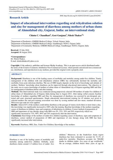 Pdf Impact Of Educational Intervention Regarding Oral Rehydration Solution And Zinc For